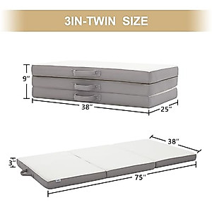 Lazyzizi Foldable Mattress, 3 Inch Memory Foam Trifold Mattress with Breathable & Washable Bamboo Fiber Fabric Cover, Folding Floor Mattress Guest Bed for Camping, Road Trip, Twin