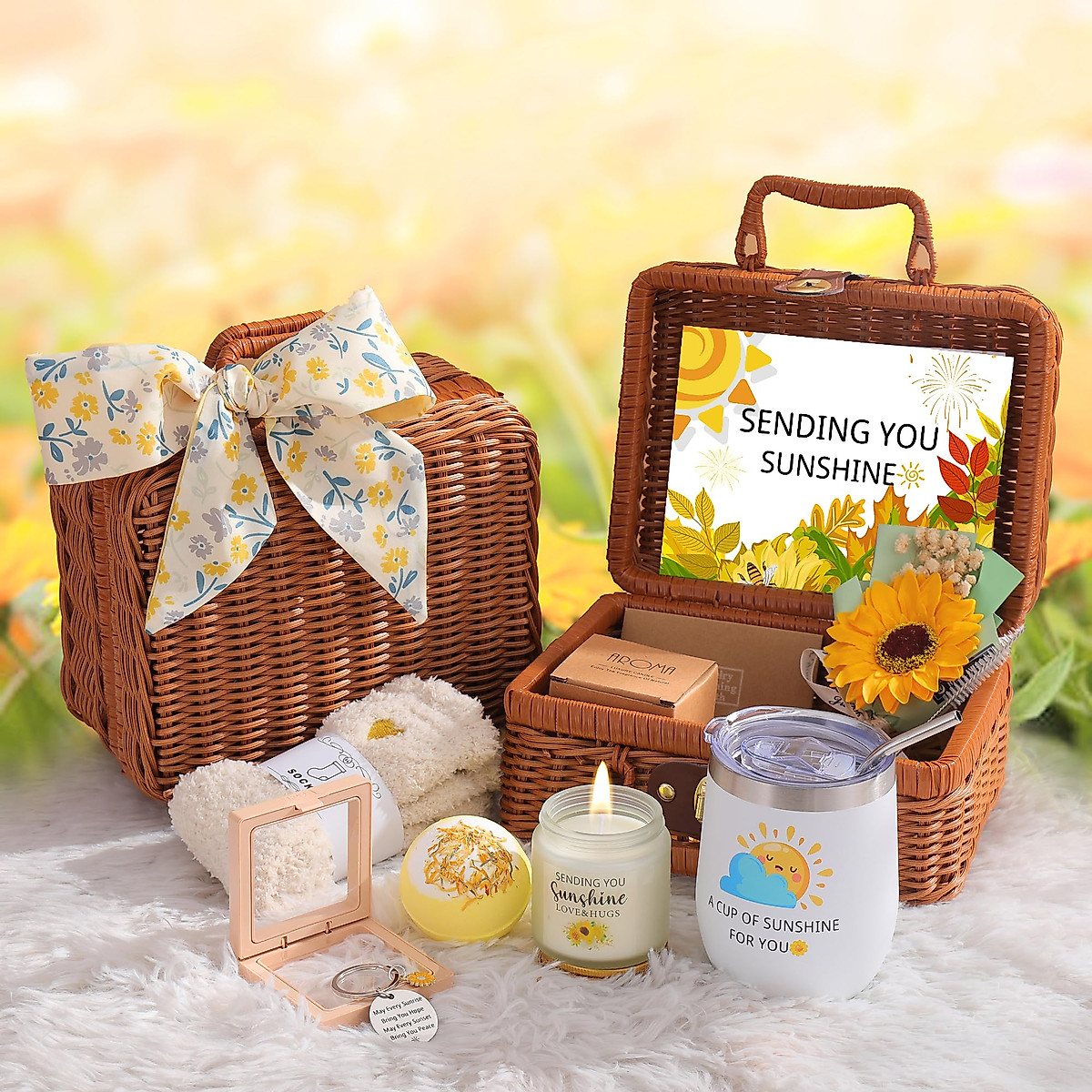 RYANDYPE Birthday Basket Gifts for Women, Sunflower Valentine's Day Gifts, Self Care Sunshine Gift Basket for Friend Sister