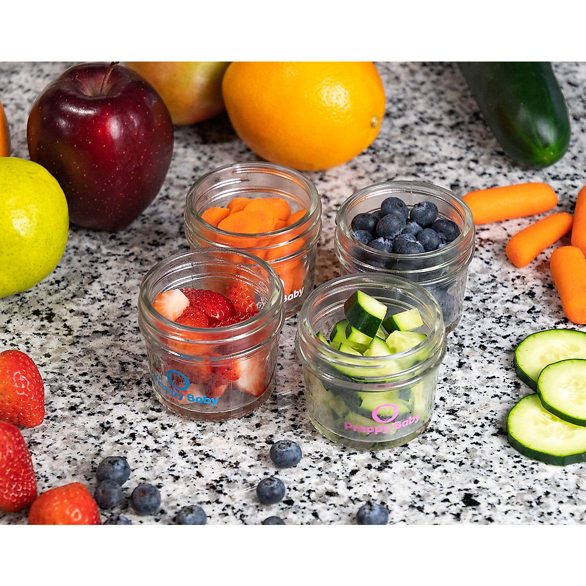 PreppyBaby 4 oz Glass Baby Food Storage Containers with Lids - Pack of 12 Reusable Dishwasher & Microwave Safe Food Jars w/ 2 Bamboo Infant Spoons, Recipe Booklet & Non-toxic Easy Erase Marker (White)