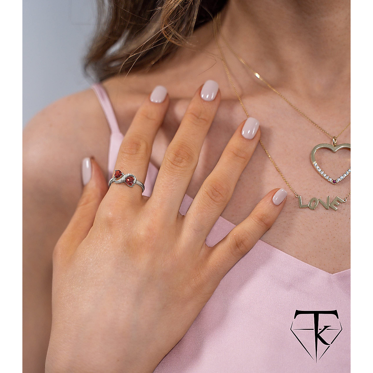 Takar 925 Sterling Silver Double Heart Garnet And Diamond Infinity Ring Birthstone Heart Ring Garnet Jewelry For Women Made In USA