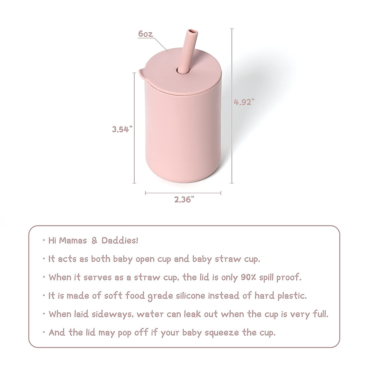 JOYIT Silicone Open Straw Cups for Toddlers | Open Cup for Baby 6 oz | Baby Training Cup (Princess-Pale Mauve)