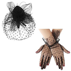 Vintage Fascinator Hat Women's Feather Mesh Face Veil Hat Tea Party Headwear with Hair Clip and Black Short Floral Lace Gloves for Women