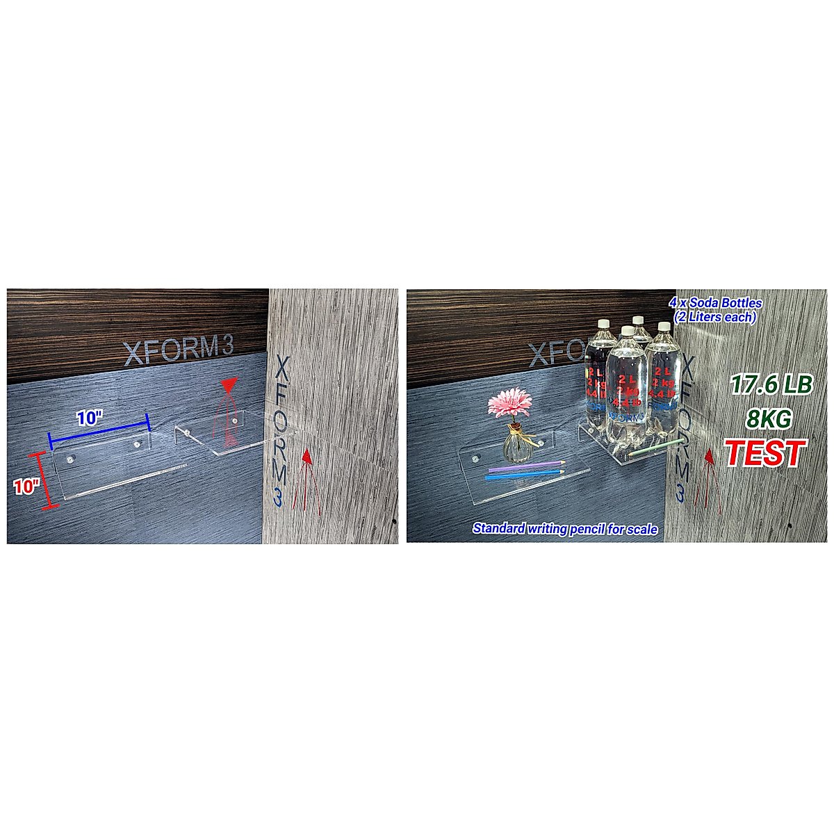 12" Long Clear Floating Shelf (8" deep) Xform3