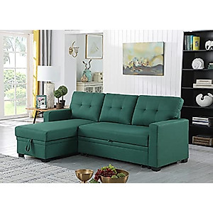 Devion Furniture L-Shape Linen Sleeper Sectional Sofa for Living Room, Home Furniture, Apartment, Dorm Sofabed, Green