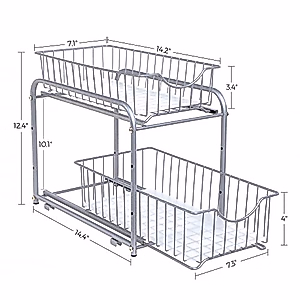 SONGMICS Pull Out Cabinet Organizer, 2-Tier Sliding Cabinet Organizer, Stackable Under Sink Cabinet Organizer with Storage Basket Drawers, for Kitchen, Bathroom, Silver UKCS017E01