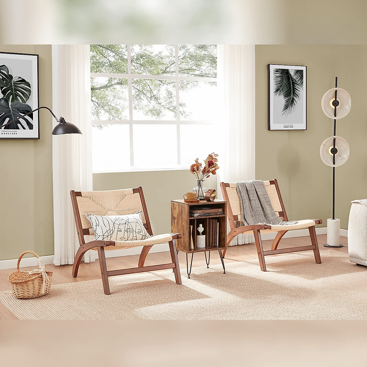 Soohow Braided Jute Woven Weave Seat Beige Modern Boho Living Room,Bedroom Reading Mid Century Accent, Set of 1, Paper Rope/Latte Beech Chair