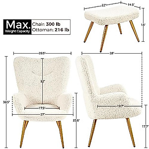 Yaheetech Accent Chair and Ottoman Set, Sherpa Armchair with Golden Metal Legs and High Back, Footstool for Living Room, Lounge, Ivory