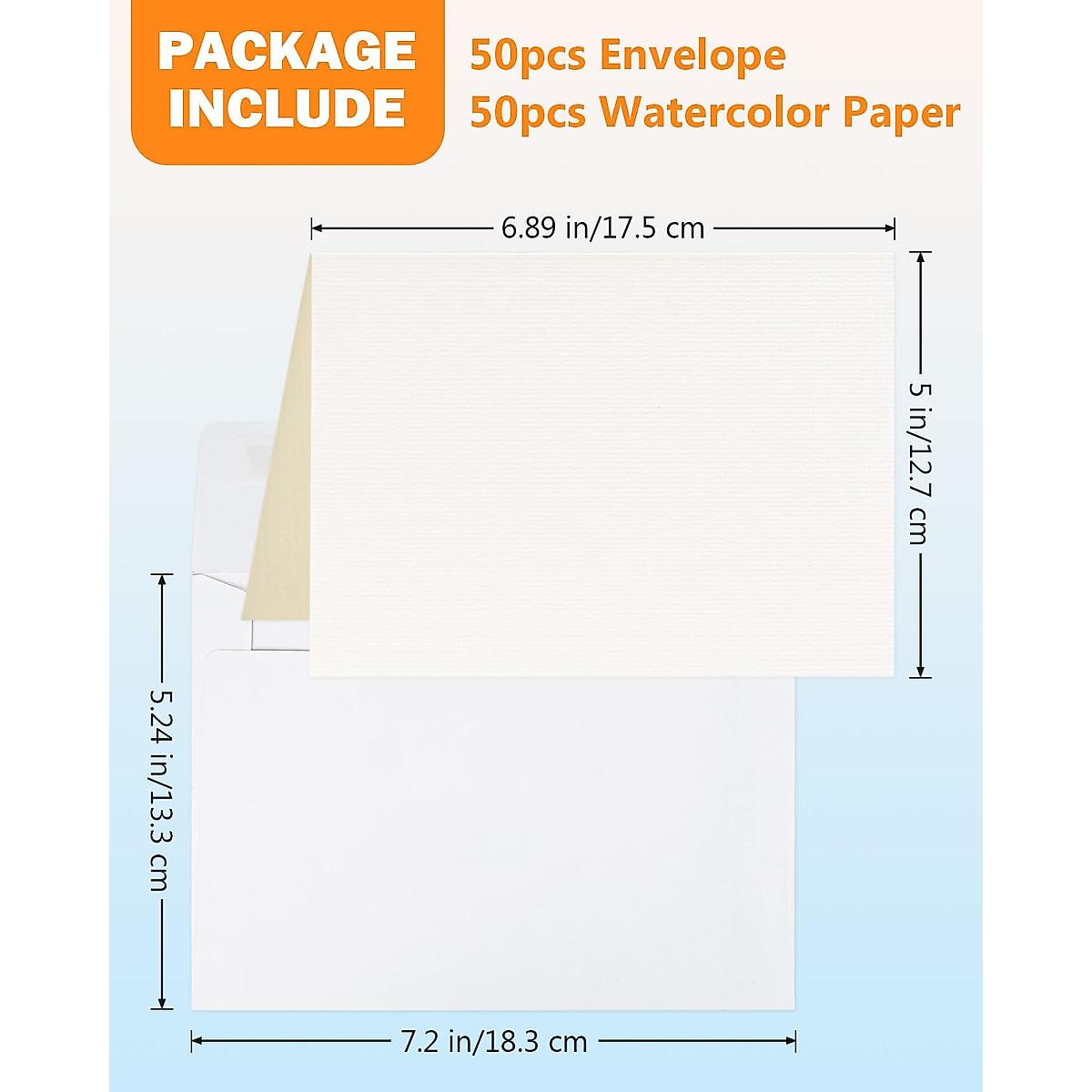 Watercolor Cards and Envelopes Set - 50 Folded 5x7 Inch Blank Heavyweight Paper Cards (140lb/300gsm) with Matching Envelopes for DIY Greeting Cards, Festivals, and Events