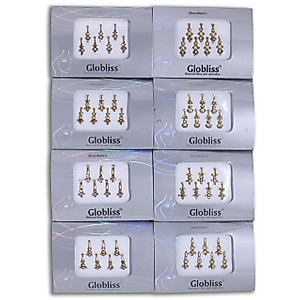 Globliss 6 Packs with 42 Long Indian Bindis face Gems Forehead Sticker Silver Golden Colorful