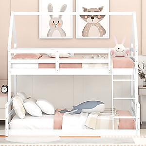 Harper & Bright Designs Low Twin Over Full House Bunk Beds, Wood Bunk Beds with Roof and Guard Rail, House Bed Built-in Ladder for Kids, Teens, Boys, Girls (White)