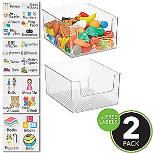 mDesign Plastic Open Front Toy Storage Organizer Bin for Playroom, Nursery, Kids Closets; Holds Action Figures, Crayons, Building Blocks, Puzzles - Ligne Collection - 2 Pack + 24 Labels - Clear