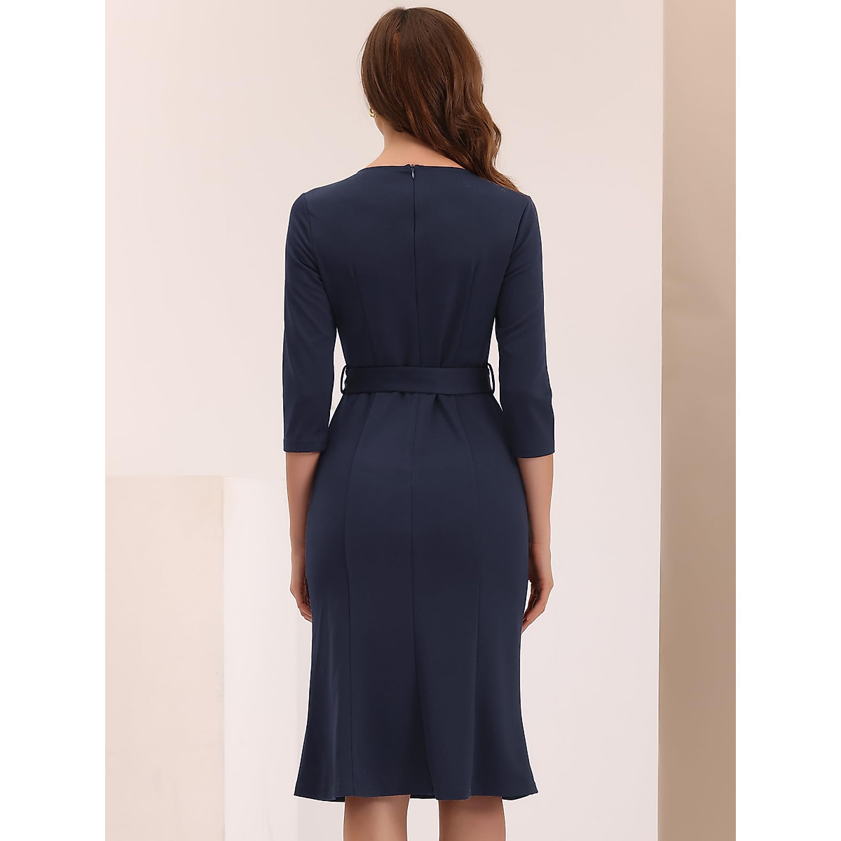 Allegra K Elegant Sheath Dress for Women's Casual Work Belt Sllit Hem Fishtail Dresses Small Dark Blue