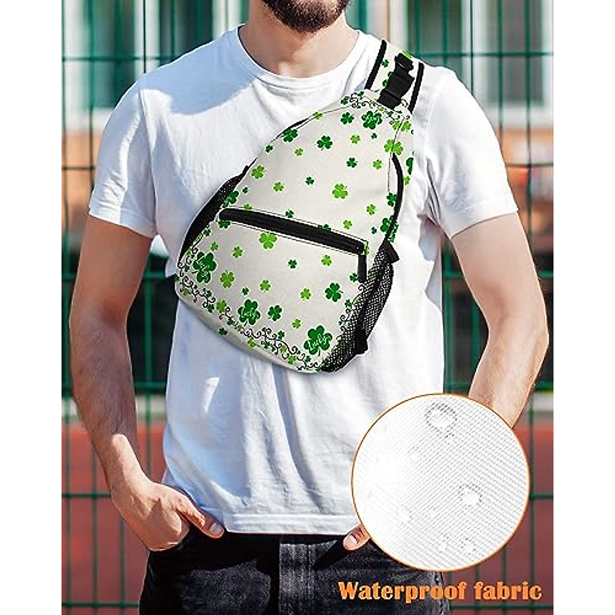 Sling Backpack, St. Patrick's Day LUCKY Green Clover Rustic Cotton Linen Background Waterproof Lightweight Small Sling Bag, Travel Chest Bag Crossbody Shoulder Bag Hiking Daypack for Women Men