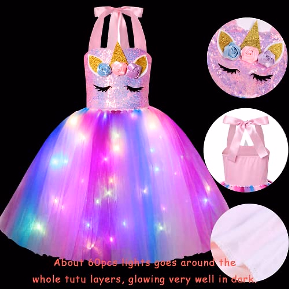 KAKALVER Unicorn Dress for Girls - LED Light Up Costume for Dress Up, Halloween, Birthday Party Decoration - Unicorn Gifts