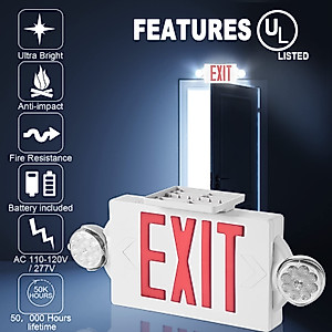 Red Exit Sign with Emergency Lights, 110-277V Double Sided LED Combo Emergency Light with 2 Rotating Flood Lights, Fire Resistant, UL Certified, Exit Sign with Battery Backup for Business