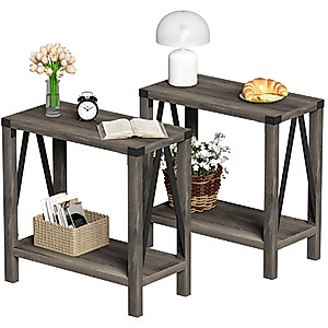 ChooChoo Farmhouse End Table for Small Spaces, Narrow Side End Table with Storage Shelf, Rustic A-Design Nightstand Sofa Table for Living Room, Bedroom (Grey) 2 Pack