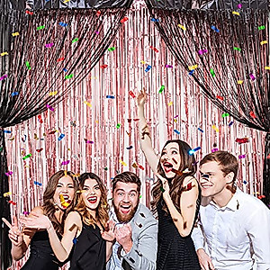 4 Packs 2 Black and 2 Rose Gold Foil Fringe Curtains, 3.2 ft x 8.2 ft Tinsel Curtains with Adhesive, Photo Booth Backdrop for Birthday, Graduation Party Decorations (Black and Rose Gold, 4pcs)