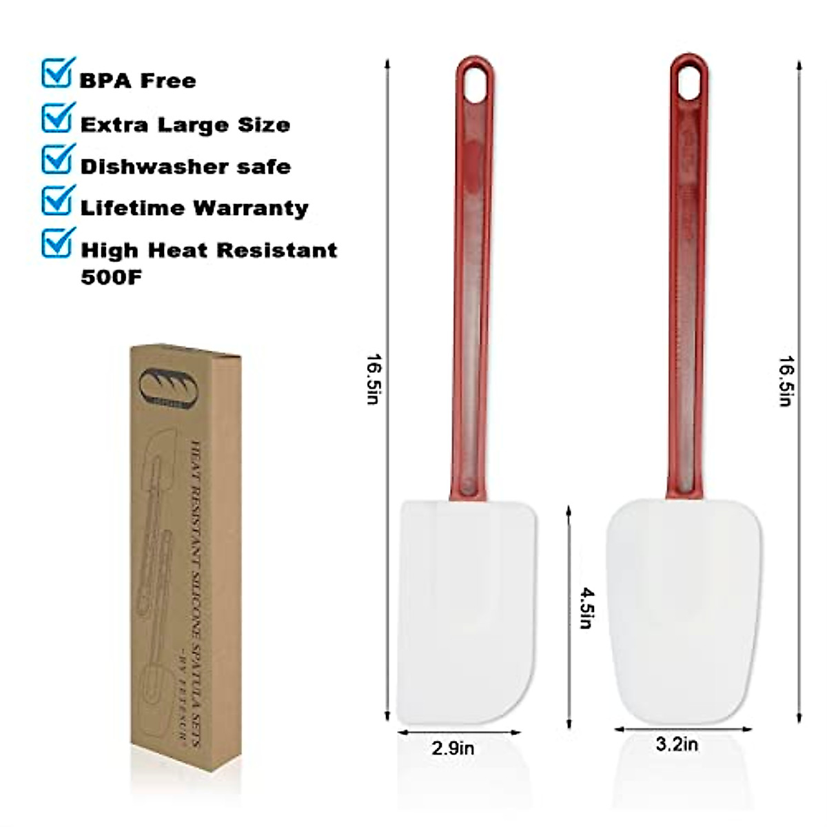 High Heat Resistant Silicone Scraper Spoon Commercial Spatula for Cooking, Rubber Spatula Set of 2, (16.5'')