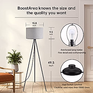 BoostArea Floor Lamp for Living Room, Tripod Floor Lamp, 15W LED Bulb, 3 Levels Dimmable Brightness, Gray Linen Lamp Shade, Mid Century Standing Lamp for Living Room, Bedroom, Study Room and Office
