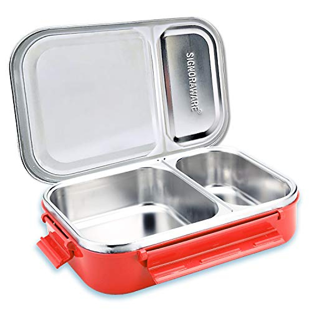 Signoraware Stainless Steel Bento Lunch Box | 20-Ounce Eco Friendly Portion Control Lunchbox Containers | 2-Compartment Metal Food Pail With Cover That Prevents Leaks & Spills (Red)