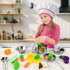 Juboury Kitchen Pretend Play Toys with Stainless Steel Cookware Pots and Pans Set, Cooking Utensils, Apron & Chef Hat, Cutting Vegetables for Kids, Girls, Boys, Toddlers