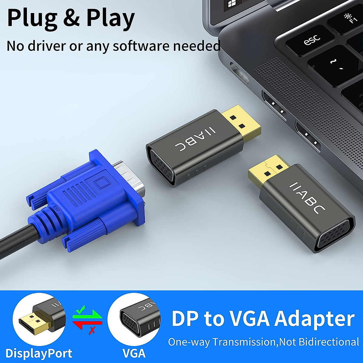 IIABC DisplayPort to VGA Adapter 1080P Converter, Display Port DP to VGA Adapter Male to Female Connector Compatible with Computer, Desktop, Laptop, PC, Monitor, Projector, HDTV