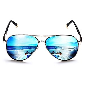ROCKNIGHT Aviator Polarized Sunglasses for Men Women Metal Frame Flat Top Sunglasses Lightweight Blue Mirror Lens UV400 Outdoors