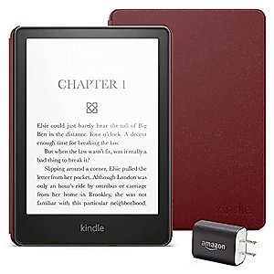 Kindle Paperwhite Essentials Bundle including Kindle Paperwhite (16 GB) - Agave Green - Without Lockscreen Ads, - Leather Cover - Merlot, and Power Adapter