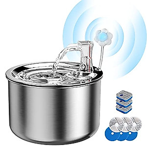Motion Sensor Cat Water Fountain Samll Stainless Steel, Pet Water Fountain for Cats Inside 2L/67oz, 3 Replacement Filters & Visible Water Level Automatic Cat Water Dispenser Bowl