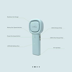 Lucent Air Handheld Fan with Power Bank – Matte Blue – Bladeless 2 in 1 Personal Fan for Travel, Office – 4000mAh Rechargeable USB Fan – Ultra-Quiet Cooling Fan – Non Slip Base Mini Fan