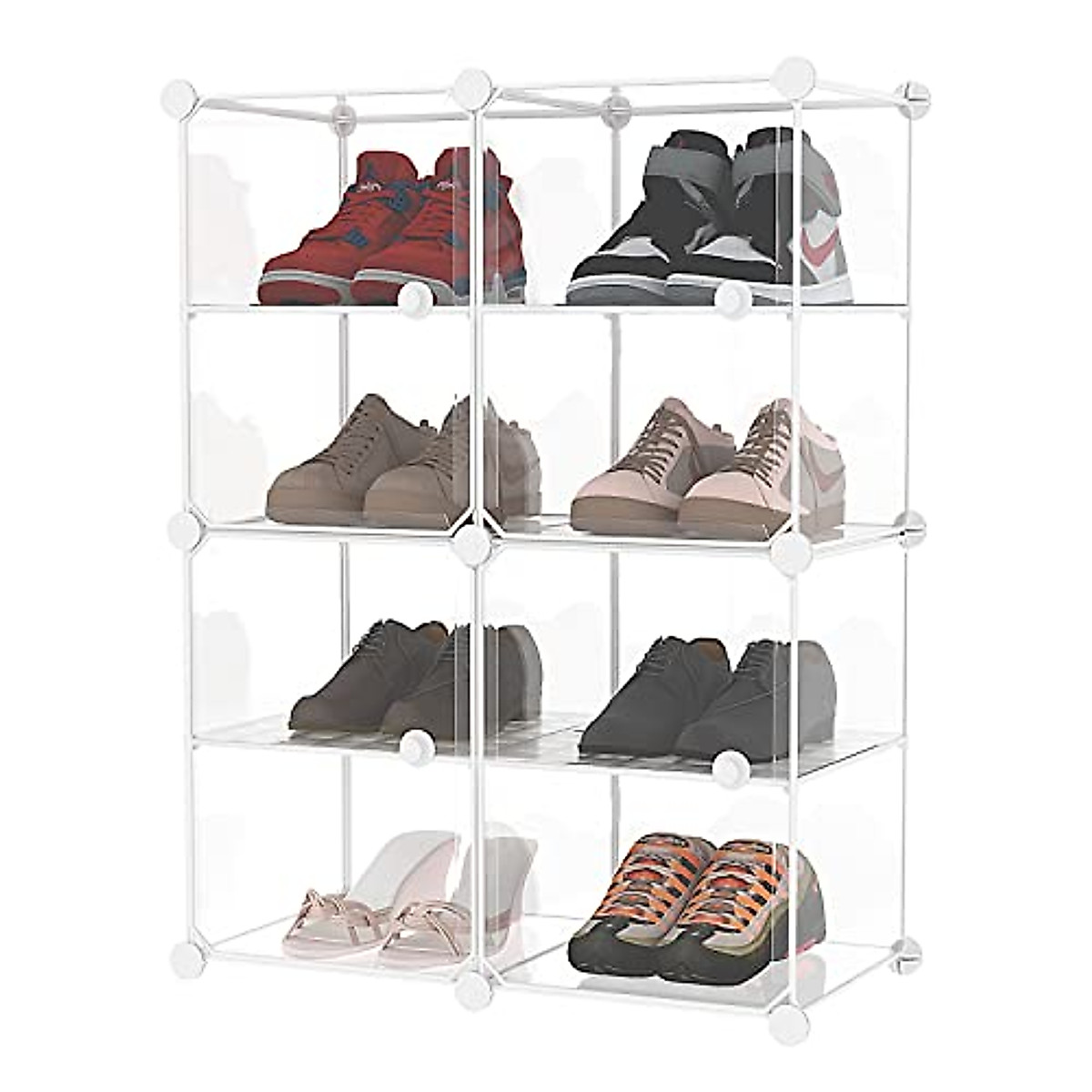 Annualring 8-Cube Stackable Shoe Organizer Clear Plastic Shoe Storage Rack Durable Modular Shoe Cabinet with Door Display Box Shoe Container Clear Closet Shelf Shoe Organizer