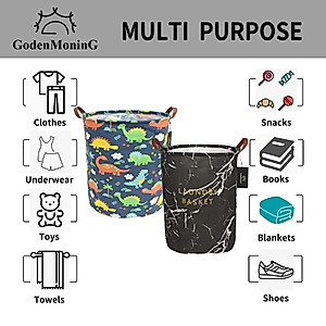 Collapsible Laundry Basket,GodenMoninG 2X 62.8L Large Sized Round Waterproof Storage Bin with Leather Handles,Toy Organizer,Children Nursery Hamper.（2 PACKS，Black Marbling & Blue Dinosaurs）