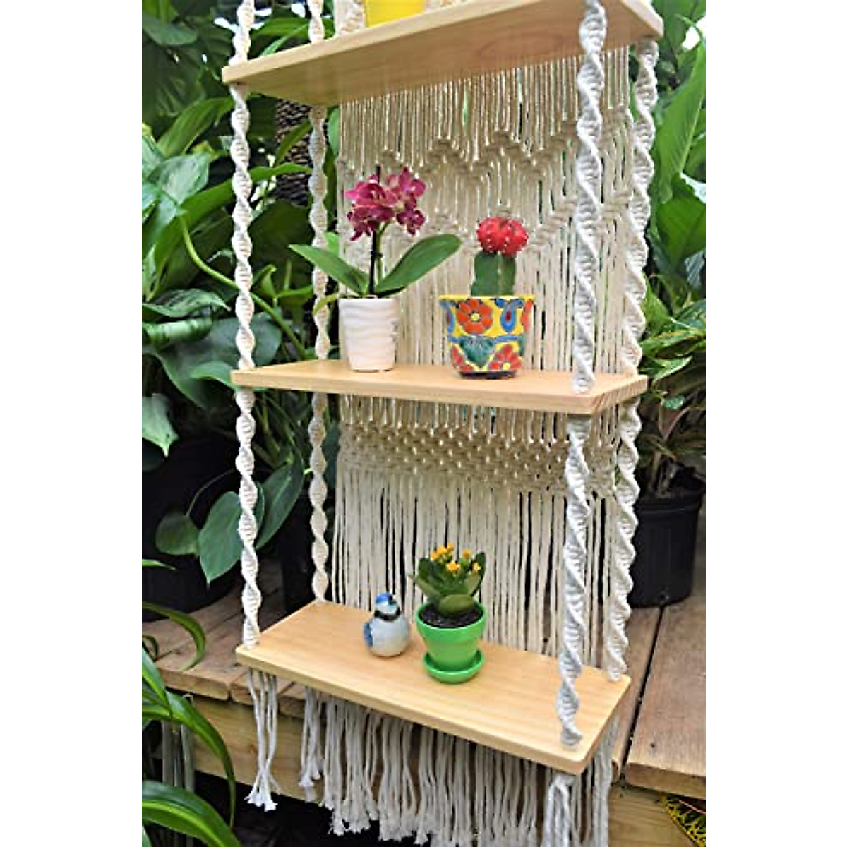 Macrame Wall Hanging Shelf-ideal décor-plants storage bookshelf-Bohemian Decorative Shelves-Boho Floating Indoor Shelving–For bedroom kitchen bathroom room with window Plant hanger 3 Tier Diamond