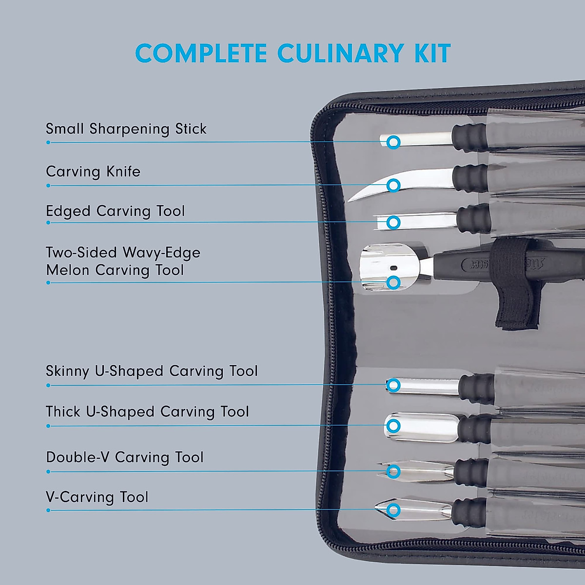 Messermeister 9-Piece Garnishing Tool Set - Most-Used Fruit, Vegetable, Garnishing & Decorating Tools - Includes Vinyl Pouch for Storage & Transport
