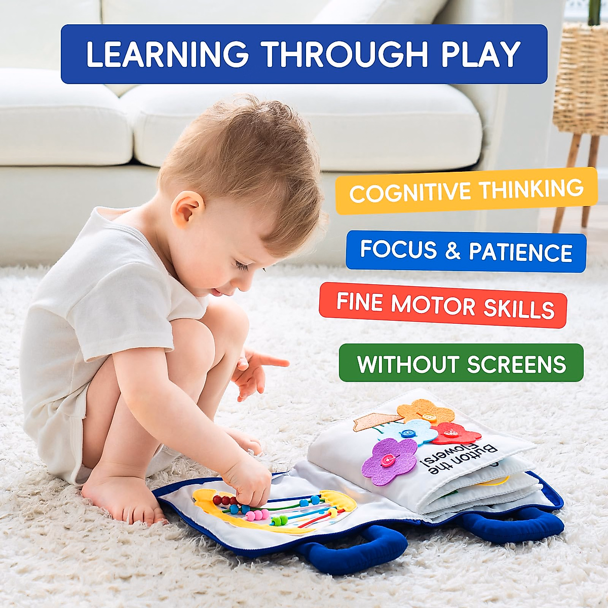 Jollybaby Baby Soft Busy Books -My Quiet Book, Travel Toy & Montessori Sensory Educational, 10 Preschool Learning Activities for 1 2 3 Year Old Toddlers Boy Girl(Blue)
