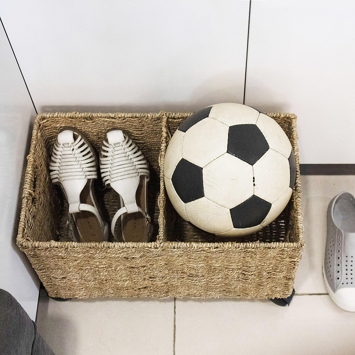 PEMAR Set 2 (different sizes nesting in a set) Natural Wicker Rolling Storage Baskets on Wheels w Insert Handle, Under Table Under Desk Storage Bins, Mobile File Cabinet Organiser. Seagrass