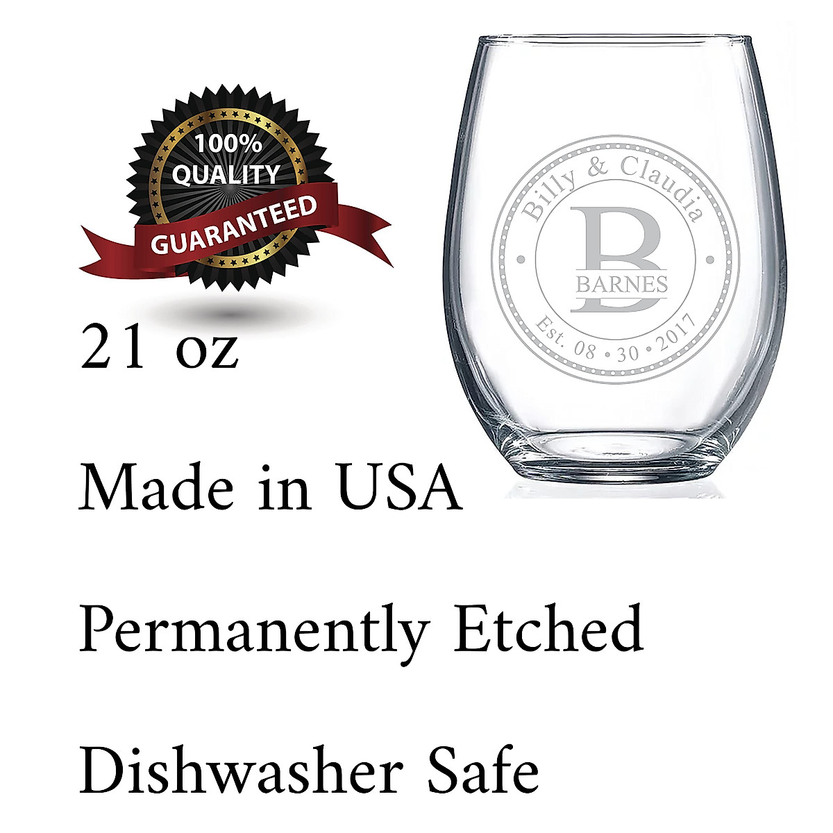 Personalized Stemless Wine Glasses (21oz) - Laser Engraved Anniversary & Wedding Wine Glasses w/Names & Date - Dishwasher Safe. Custom Wine Glasses - Permanently Etched Couples Gifts