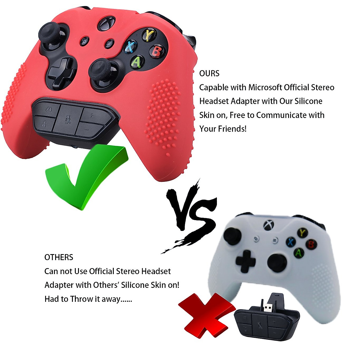 9CDeer 1 Piece of Studded Protective Silicone Cover Skin Sleeve Case + 8 Thumb Grips Analog Caps for Xbox One/S/X Controller Red Compatible with Official Stereo Headset Adapter