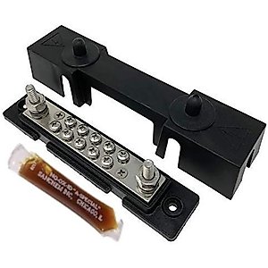 Bay Marine Supply Busbar – 10-Point Power Distribution Block (150A Rating) – #8 Terminal Screws & Two 1/4" Studs – Black Bus Bar (with Complimentary Electrical Grease)