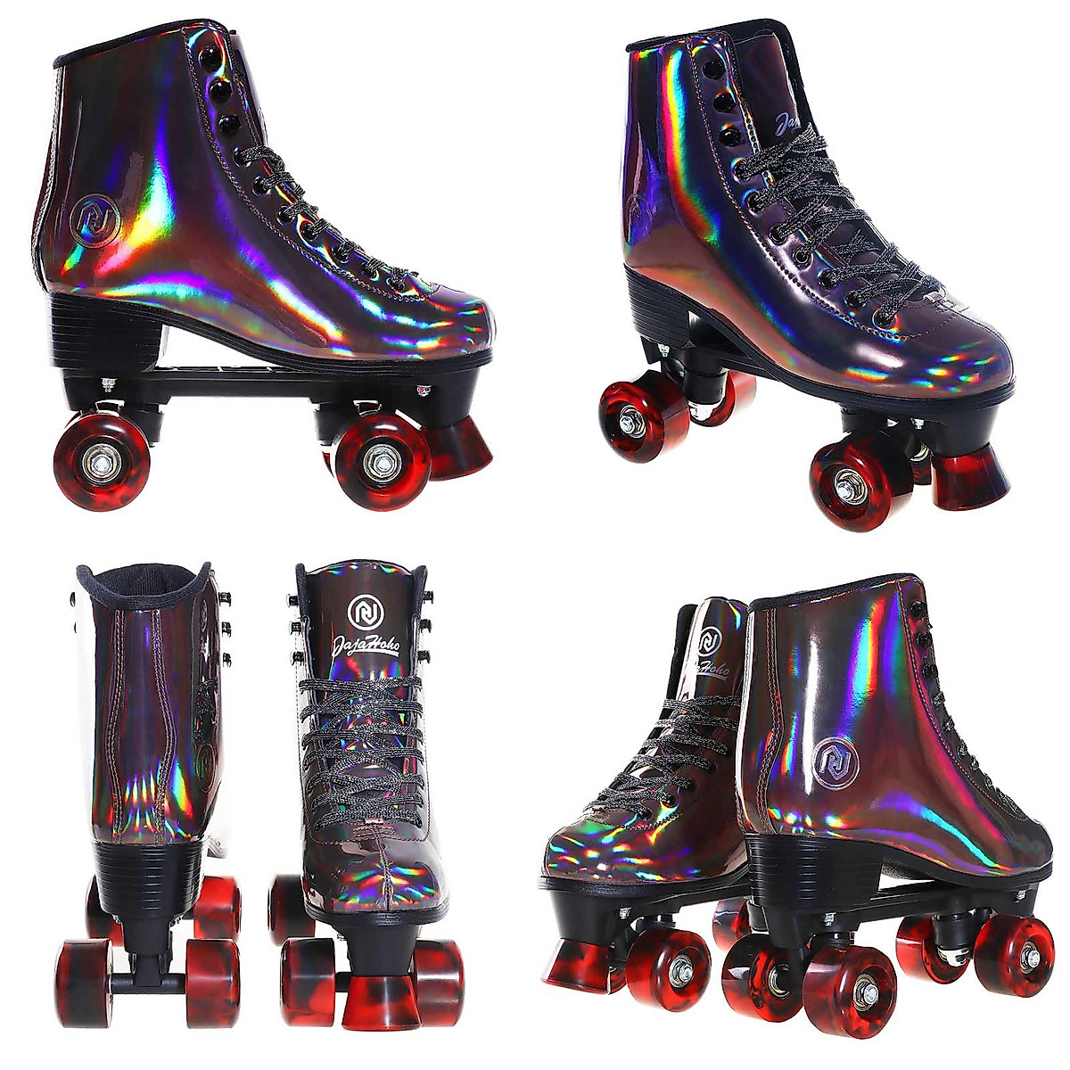 JajaHoho Roller Skates for Women and Men, Holographic High Top Classic Rollerskates, Shiny Double-Row Four Wheels Quad Skates for Girls, Age 8-50 Indoor & Outdoor (Size 6, Golden Black)
