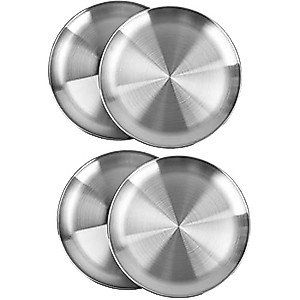 KissAir Reusable Brushed 18/8 Stainless Steel Round 9 Inch Plates Dish Set Vintage Eco Friendly Metal 304 Heavy Duty Kitchenware Feeding Dinner Dishes for Serving/Snack/Camping (4 PACK)
