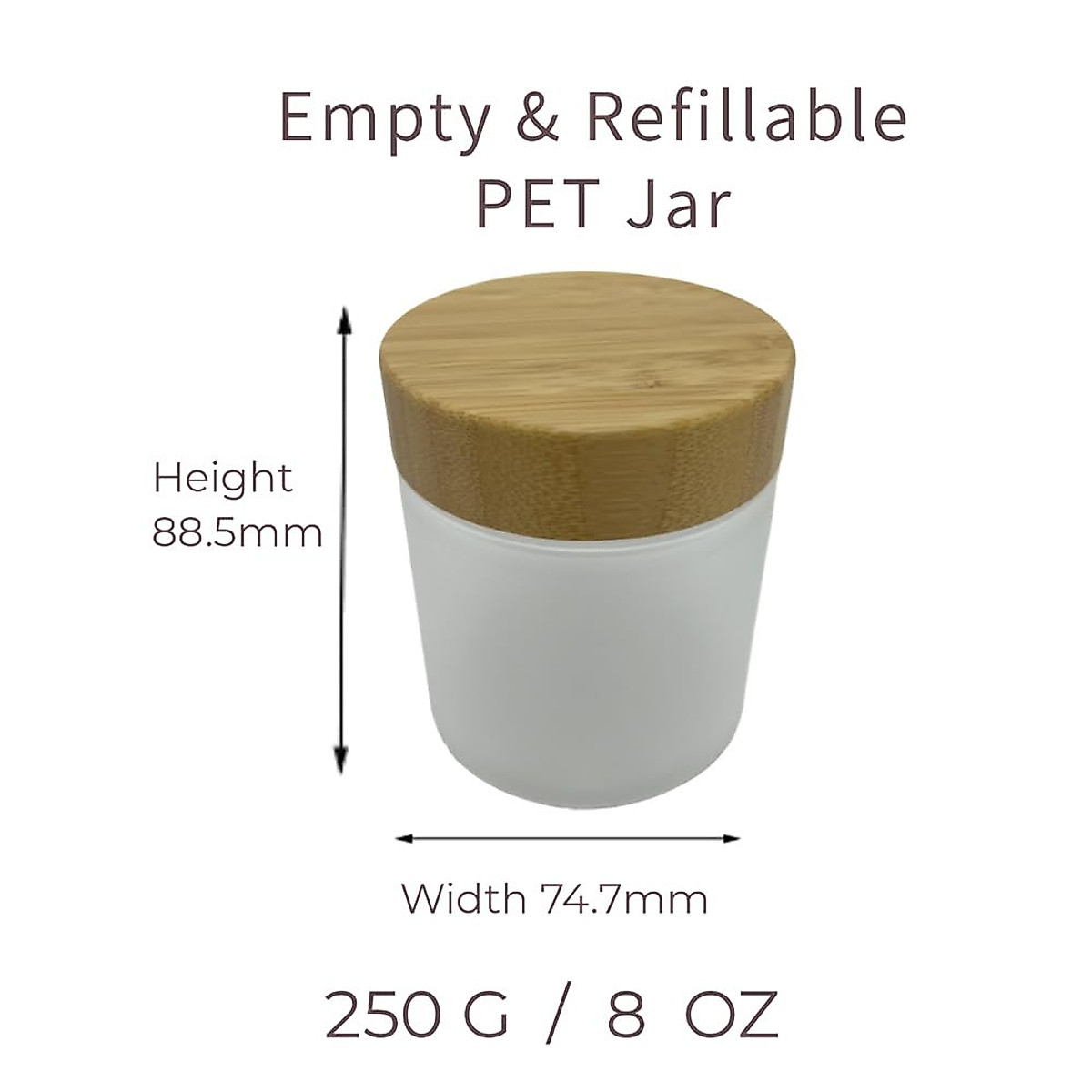 BEECO GIF2U Empty Bamboo Lid Jar 8oz/250g,Refilable Plastic Round Cosmetic Containers for Powder,Body Butter,Cream,Lotion,Wide Mouth Makeup Sample Storage Pot Dispenser(Frost)