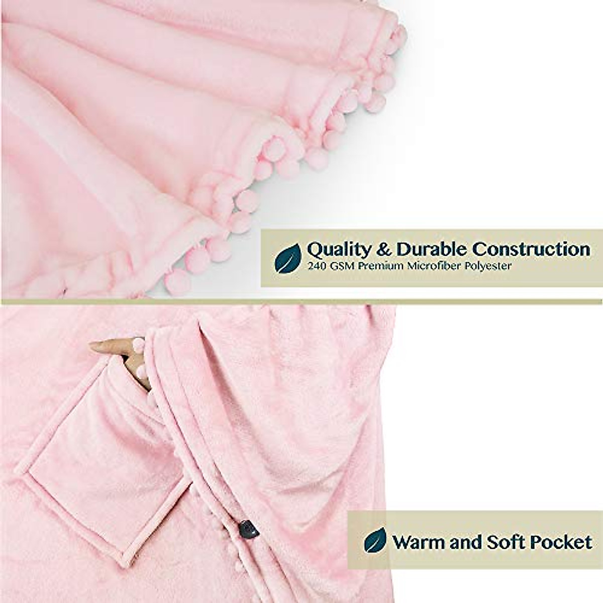 PAVILIA Angel Wrap Poncho Blanket for Women | Plush Warm Wearable Blanket Gift, Fleece Shawl Cape with Pom Pom Fringe and Pockets, Cozy Gifts for Women (Light Pink)