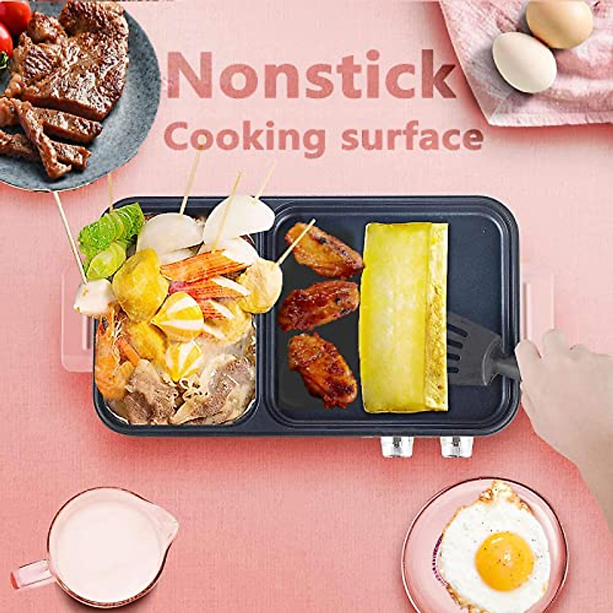 Indoor NonStick Electric Griddle and Hot Pot - 2-in-1 Hot Pot - Independent Dual Temperature Control(Pink)