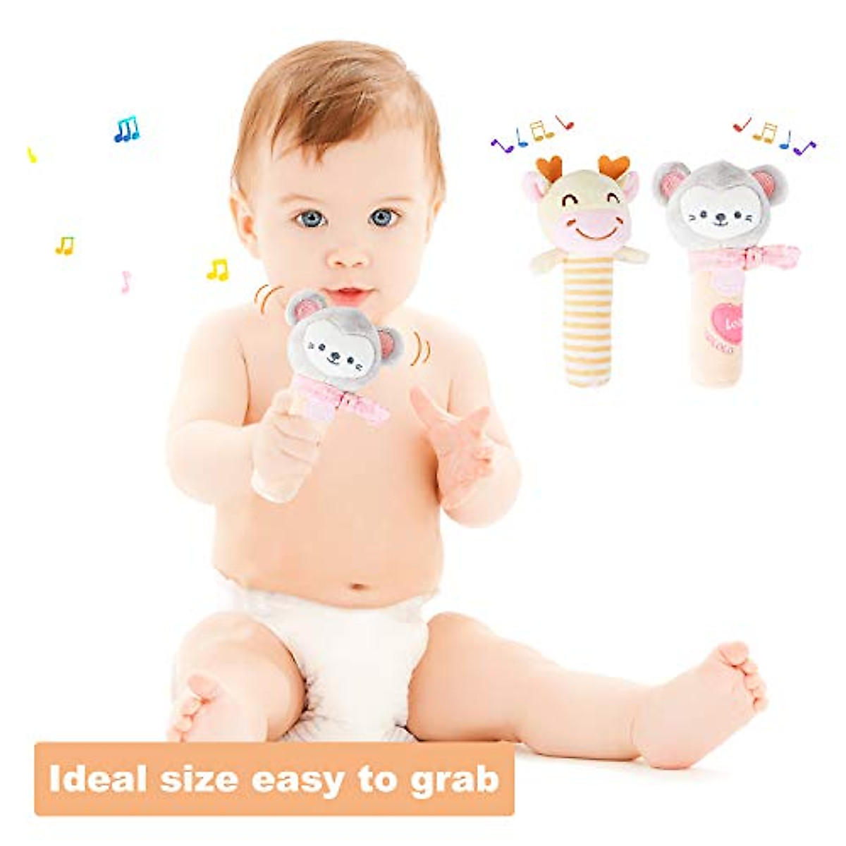 Funsland Baby Rattles Toys Soft Plush Hand Rattles Hand Grip Toys Stuffed Animal Rattles Shaker for 3 6 9 12 Months Infants Newborn 2 Pack