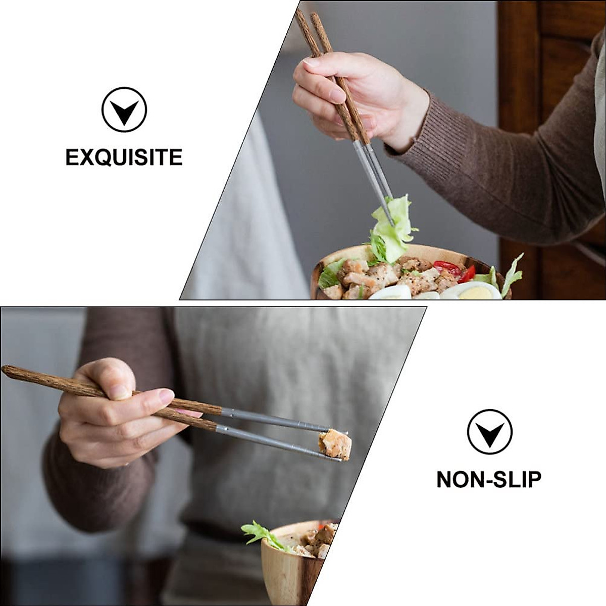 Reusable Metal Stainless Steel Chopsticks: 2 Pairs Long Cooking Chopsticks with Wooden Handle Japanese Type Sashimi Chopsticks for Home Restaurant