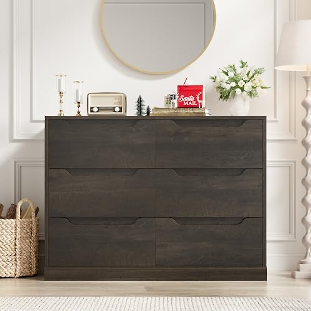 HOSTACK Modern 6 Drawer Dresser for Bedroom, Double Chest of Drawers with Storage, Large Wooden Storage Dresser Organizer with Cut-Out Handle, Accent Storage Cabinet for Living Room, Dark Brown
