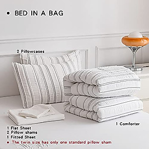 AIKASY Boho Bed in a Bag 7 Pieces Queen Size, Black/White Tufted Comforter Set, Stripe Pattern Design, All Season Cozy Cover with Sheets (Dashed line,90"x90")