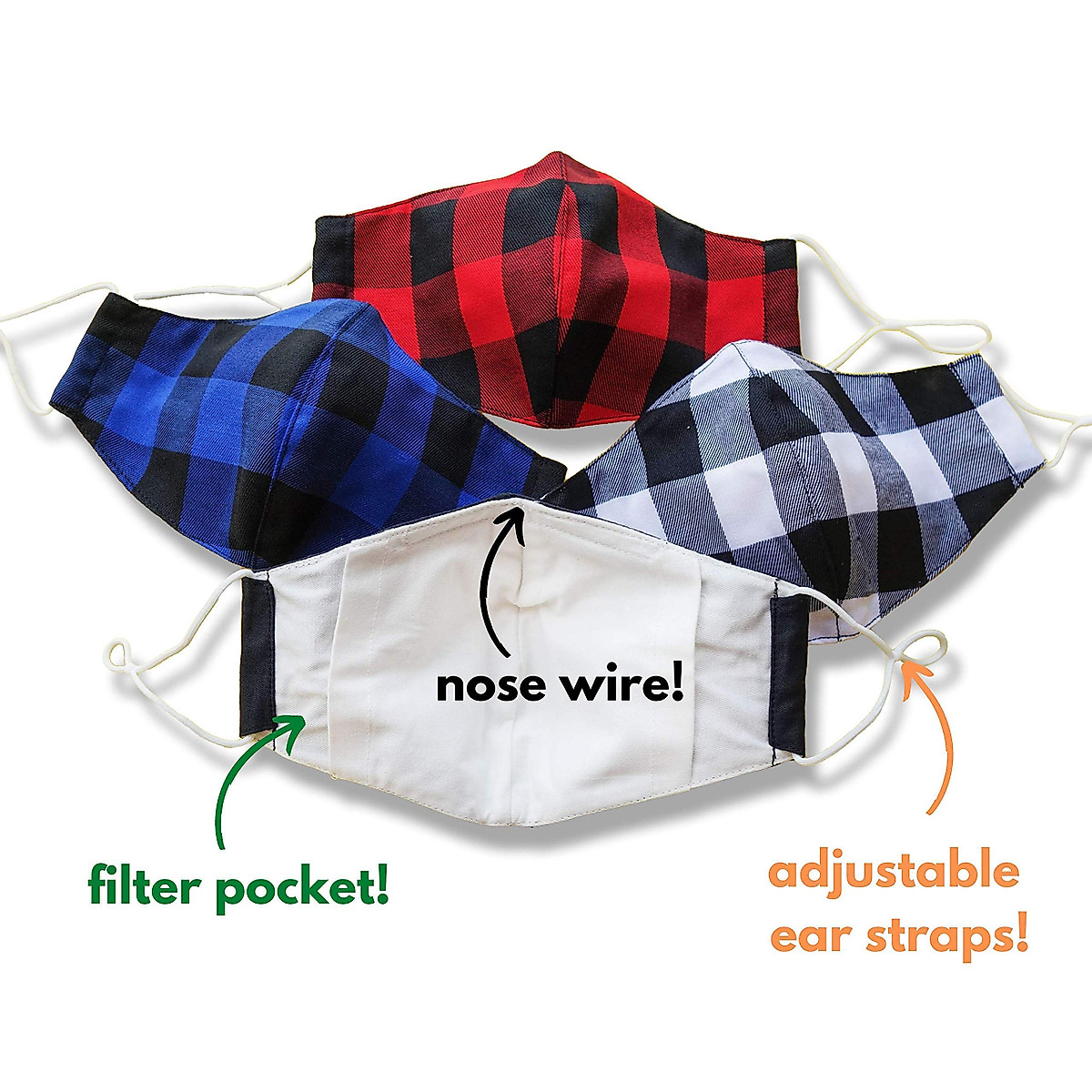 Hope Love Shine Checkered Face Masks w/Adjustable Ear Loops & Filter Pocket - Reusable, Washable Cloth Fabric Face Masks for Women, Men, Adult (Solid Black, Buffalo Plaid Red, Navy, White - 4 Pack)