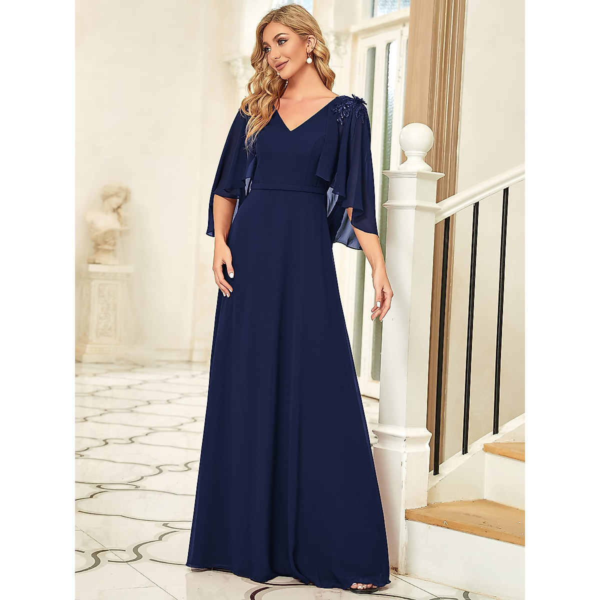 Ever-Pretty Women's Long Cape Sleeve Chiffon Maxi Evening Dress Navy Blue US4